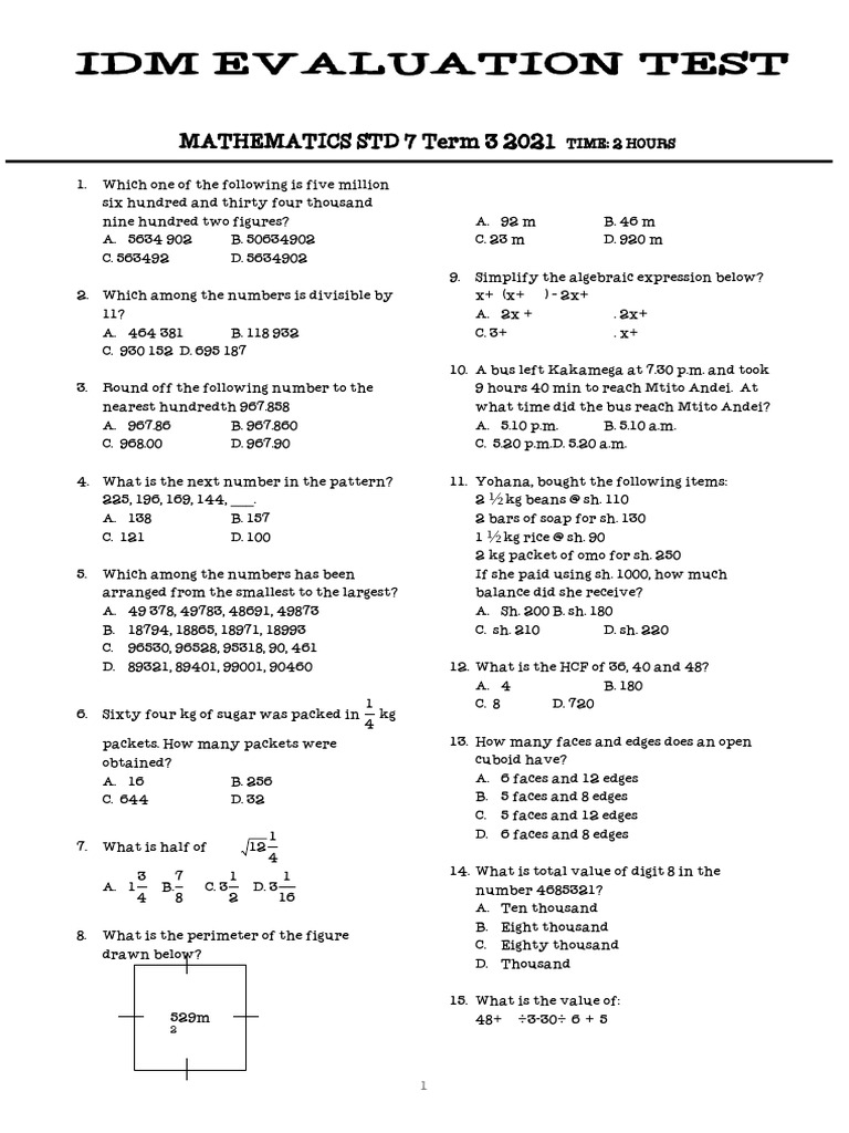 STD 7 Term 3 Maths 2021 Opener Exam | PDF