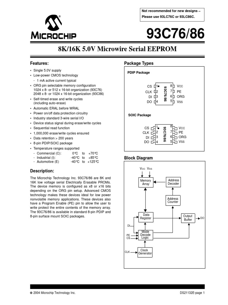 8K/16K 5.0V Microwire Serial EEPROM: Features: Package Types | PDF ...