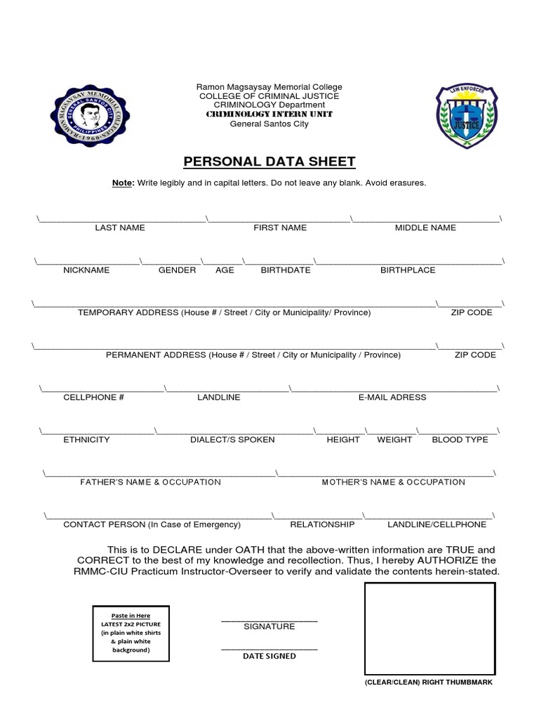 Personal Data Sheet: Criminology Intern Unit | PDF