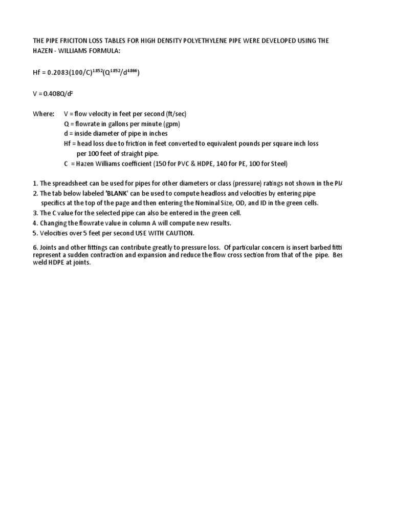Pipe Friction Loss Spreadsheet - Hazen Williams Apr17 | PDF | Pipe ...