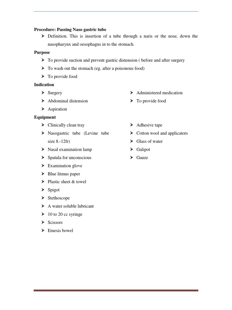 NG Tube, Lavage and Gavage Procedure Checklist | PDF | Clinical ...