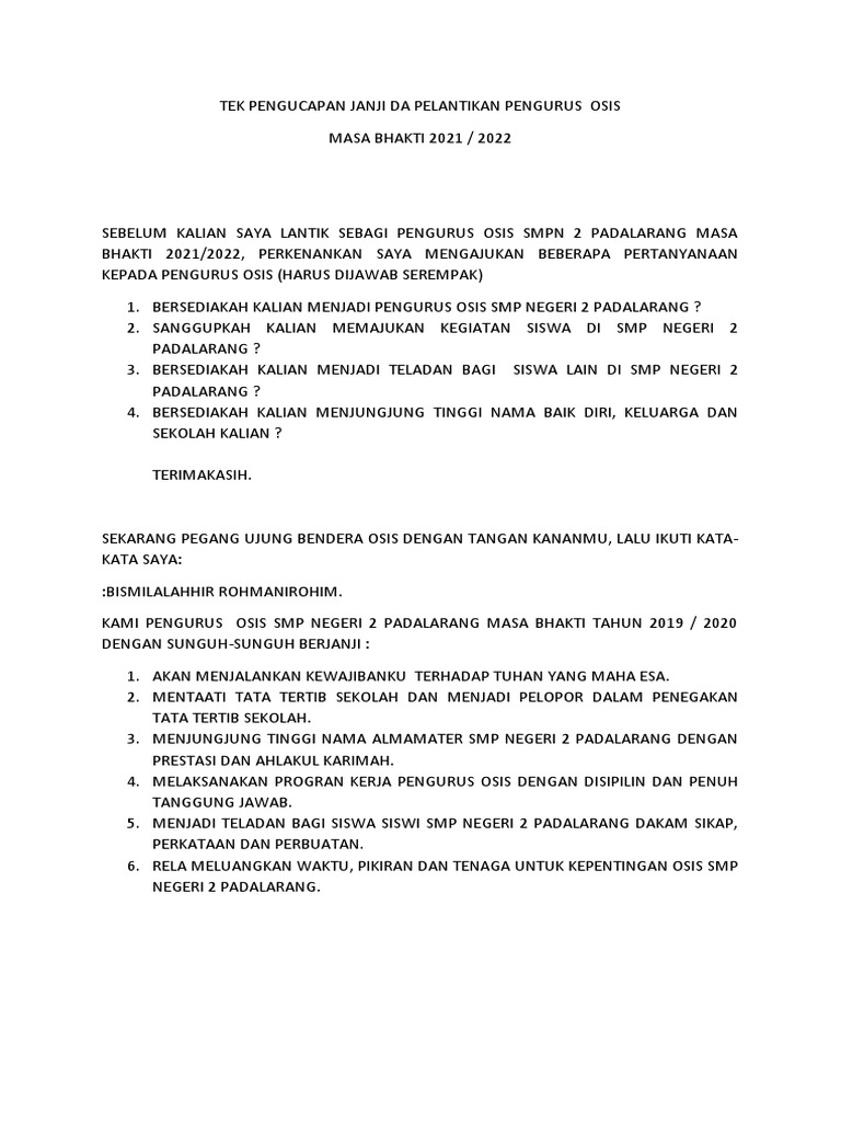 Teks Pengucapan Janji Dan Pelantikan Pengurus Osis | PDF