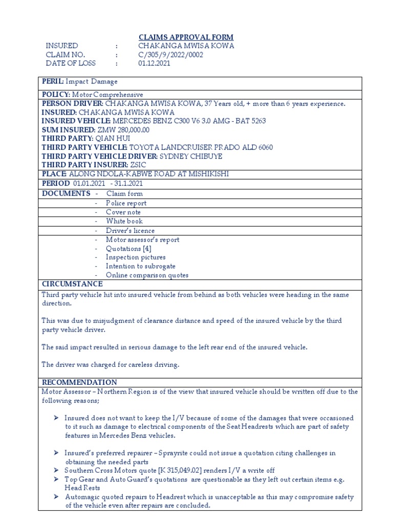 Claims Approval Form | PDF | Vehicles | Insurance