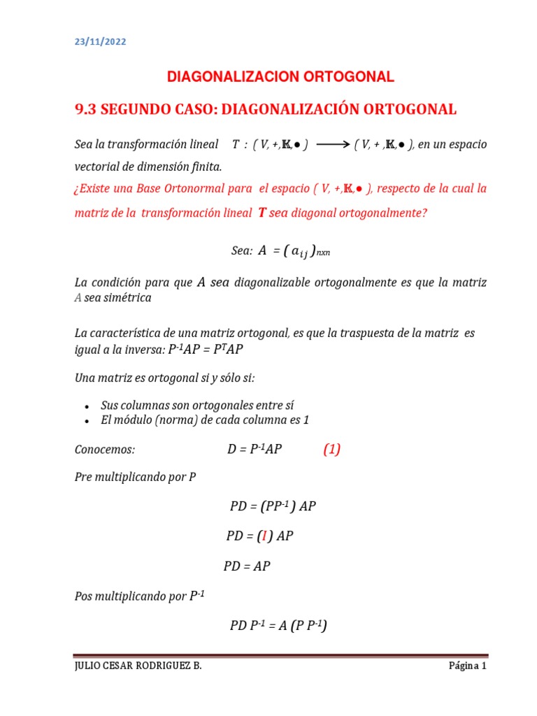 Diagonalización Ortogonal de Matrices | PDF | Valores propios y ...