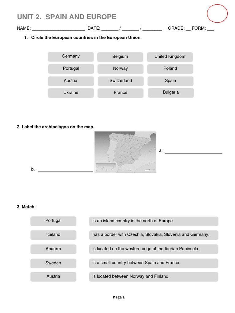 Unit 2. Spain and Europe - Worksheets | PDF | Spain | Canary Islands