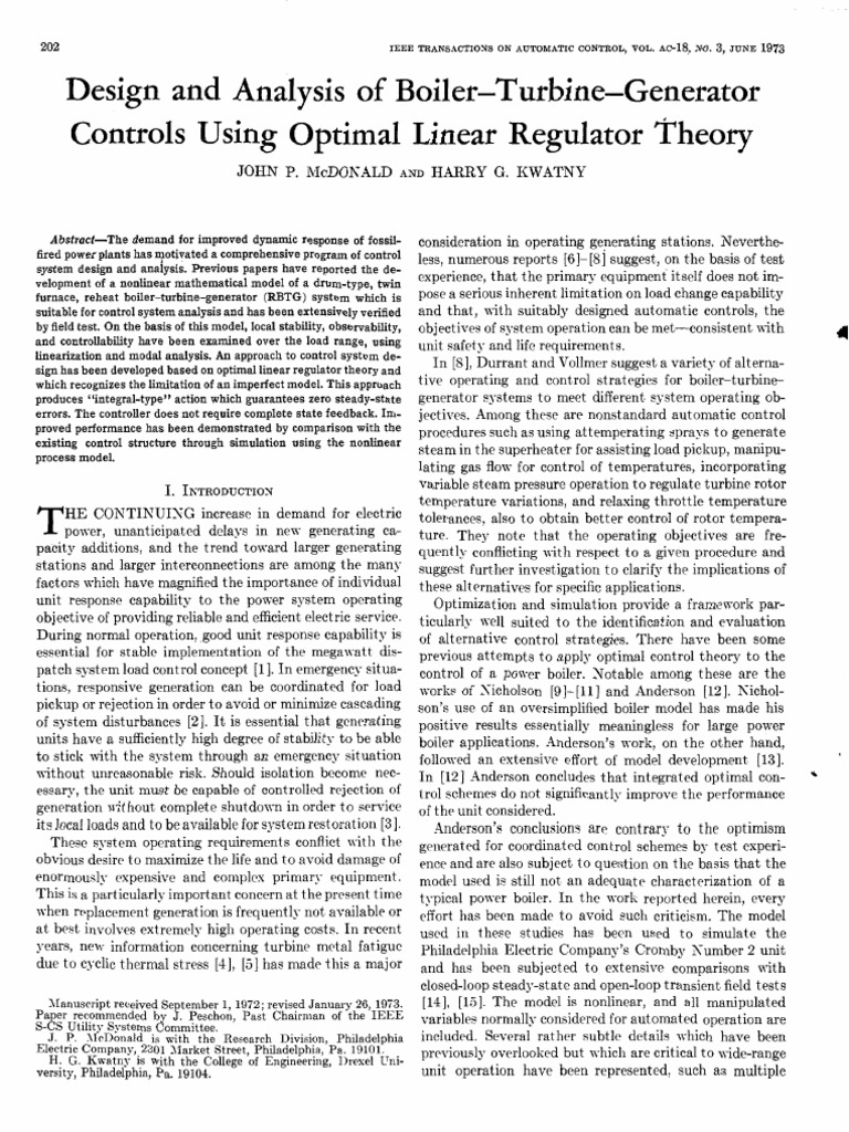 Design and Analysis of Boiler-Turbine-Generator Controls Using Optimal Linear Regulator Theory ...