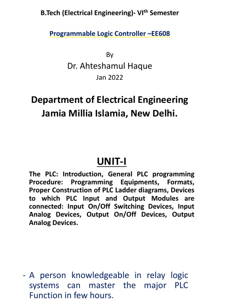 Lecture Notes PLC Unit-I | PDF | Programmable Logic Controller | Input ...