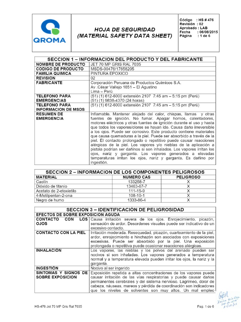 HOJA DE SEGURIDAD (MATERIAL SAFETY DATA SHEET) - PDF | PDF