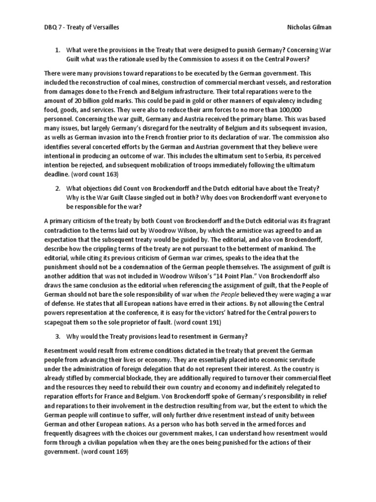 DBQ 7 Treaty of Versailles | PDF | World War I Reparations | Treaty Of ...