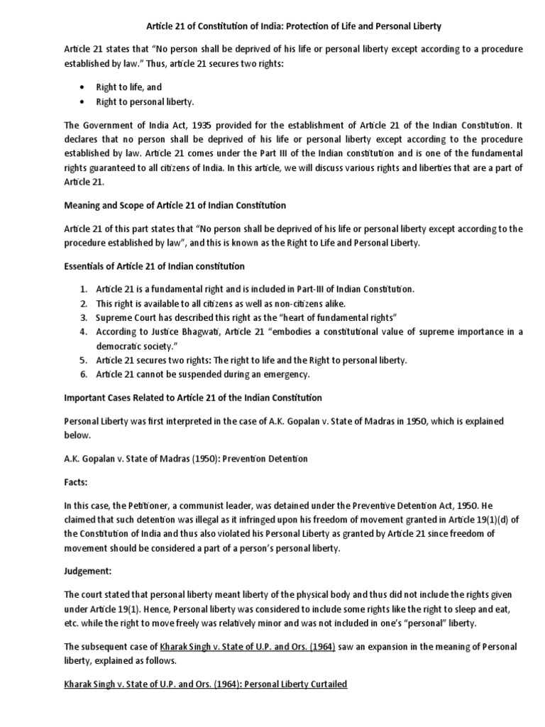 Article 21: Right to Life & Liberty | PDF | Applied Ethics | Ethical ...