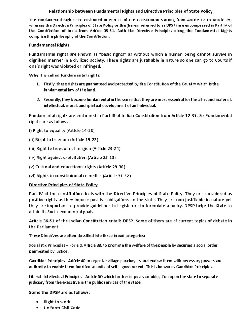Exam - Relationship Between Fundamental Rights and Directive Principles ...