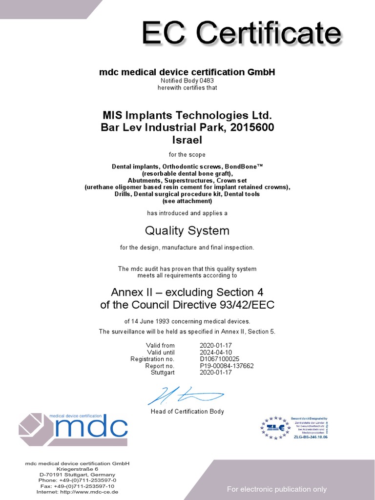 MIS EC Certificate | PDF | Dental Implant | Medical Device