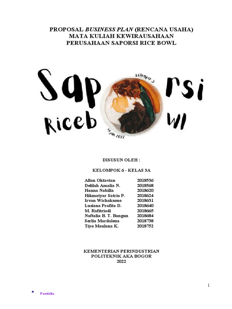 Proposal CV. Saporsi Rice Bowl (KWU Kelompok 6) | PDF | Bisnis