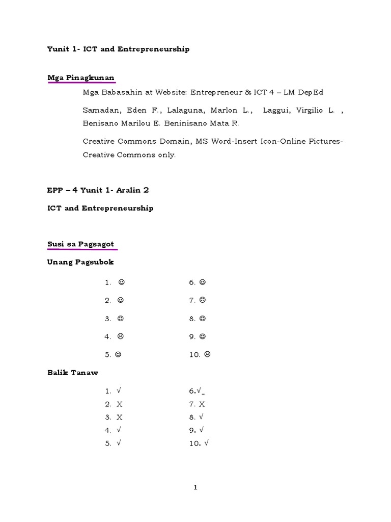 EPP 4 Week 2 Key To Correction | PDF