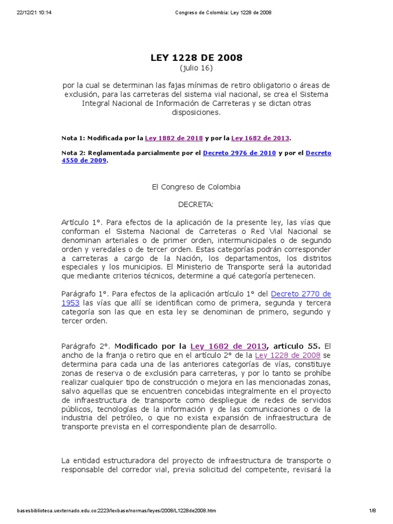 Ley 1228 de 2008 | PDF | Transporte | Colombia