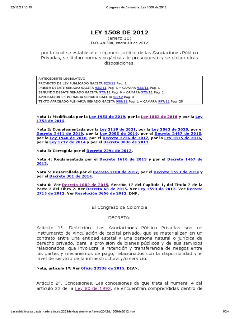 Ley 1508 de 2012 | PDF | Asociación público-privada | Infraestructura