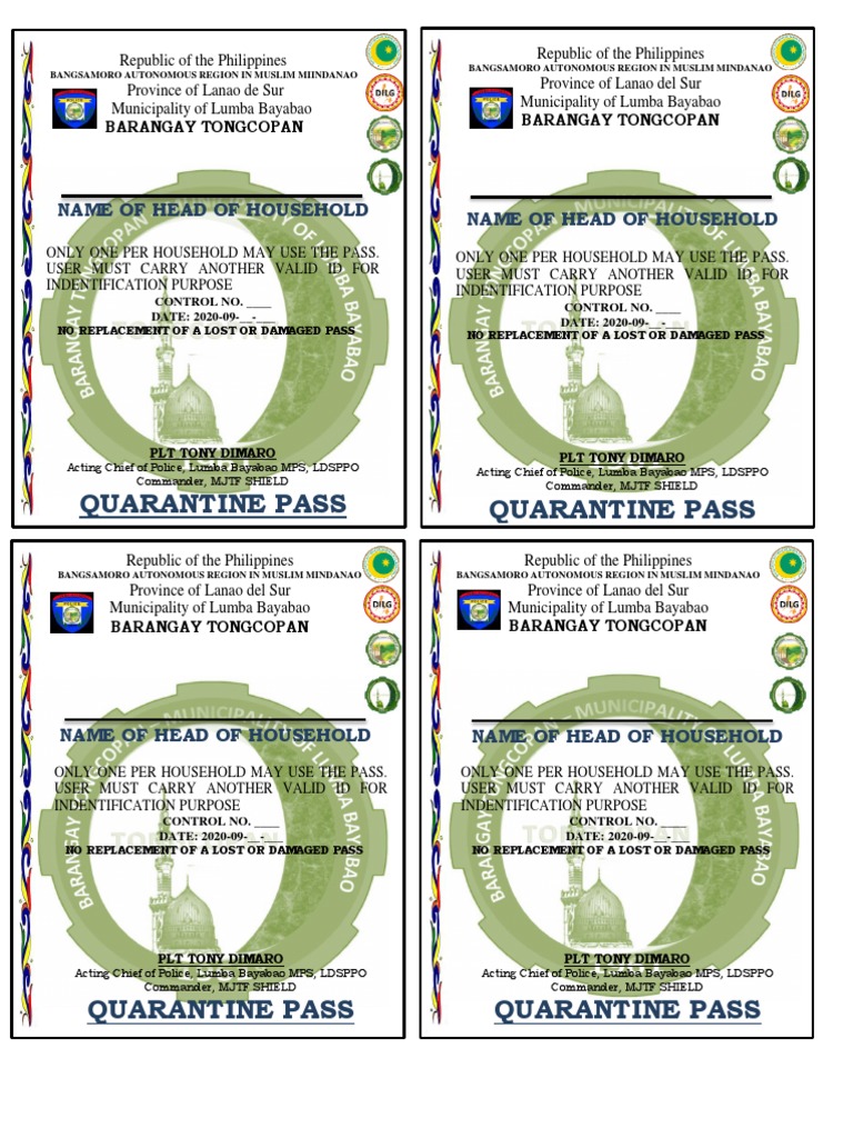 Quarantine Pass Quarantine Pass: Name of Head of Household Name of Head ...