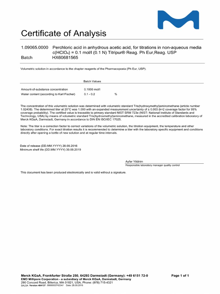 Àcido Perclorico 0.1 N MERCK Ref 1090650000 Lote HX60681565 | PDF