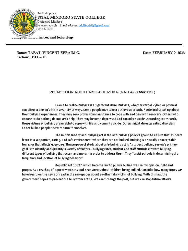 Reflection on Anti-Bullying Act | PDF