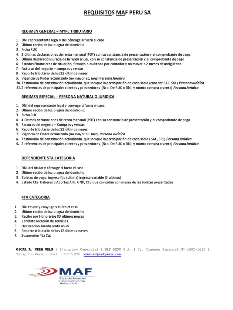 Requisitos Maf Peru Sa - 2020 I | PDF