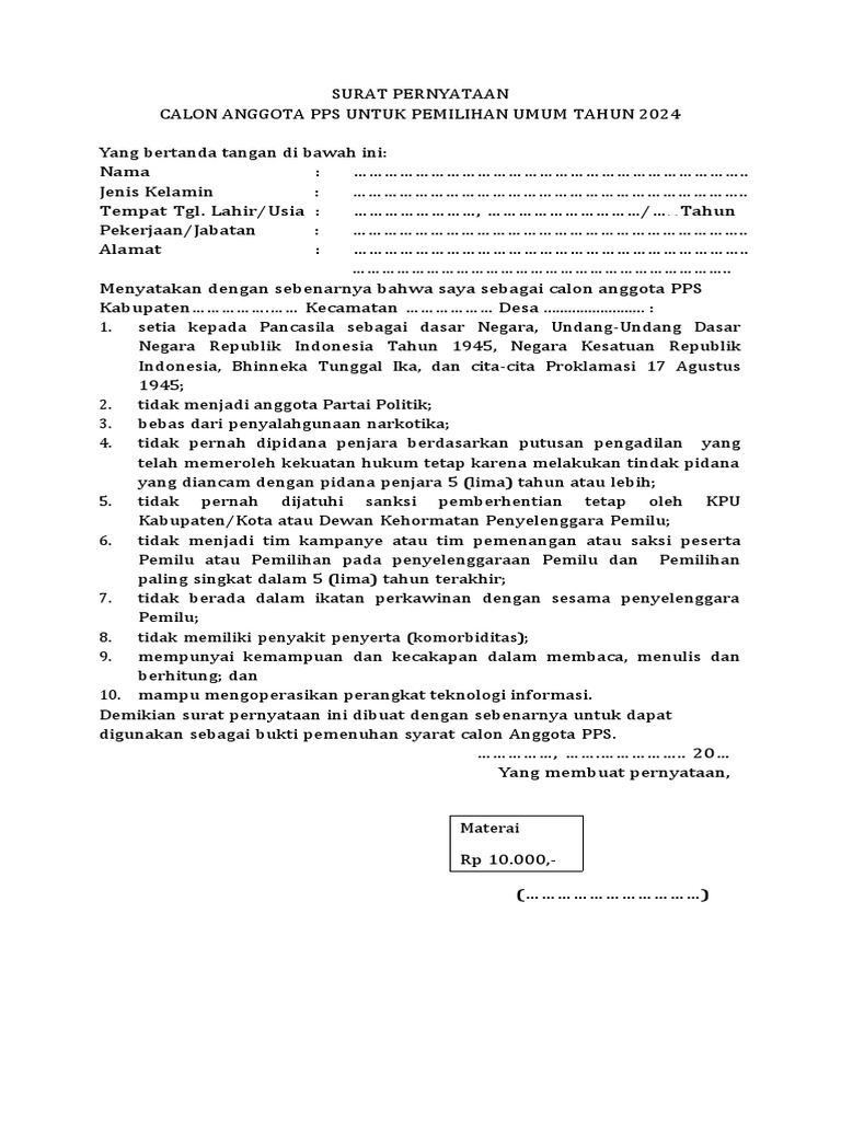 Surat Pernyataan Calon Anggota PPS 2024 | PDF
