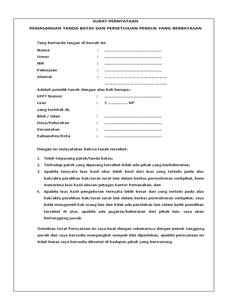 Surat Pernyataan Pemasangan Tanda Batas | PDF