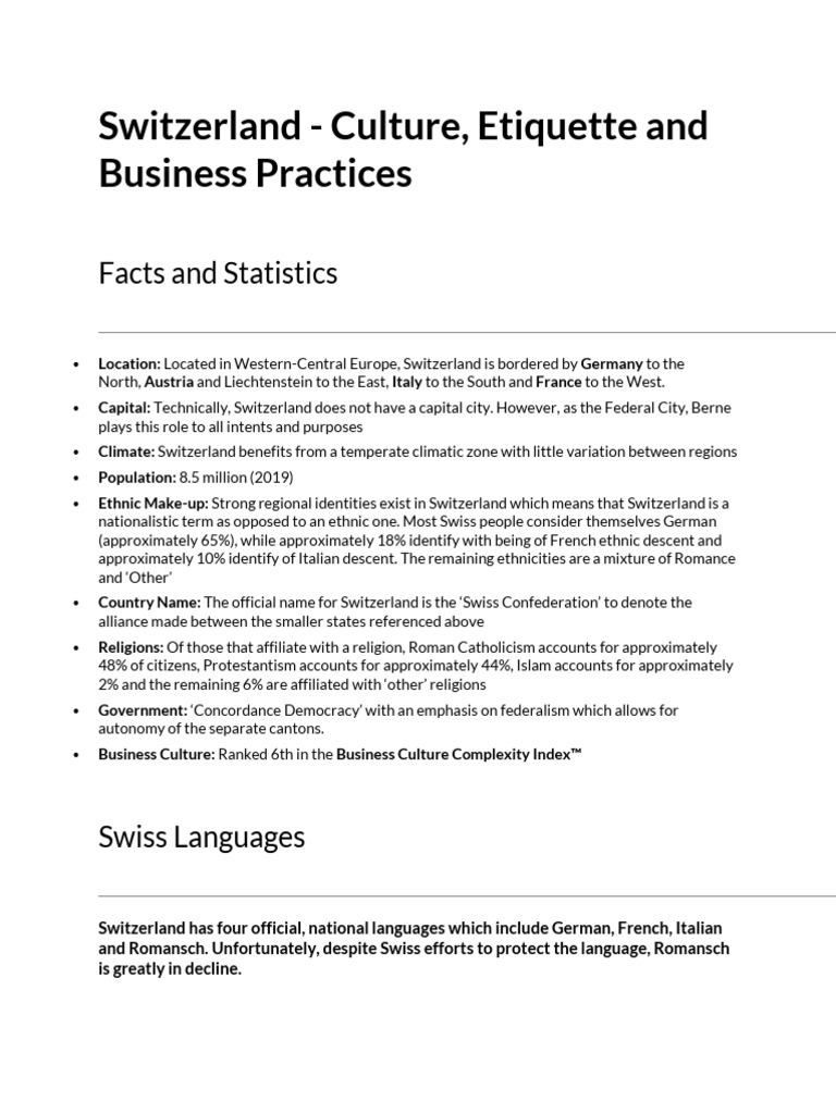 Switzerland - Culture, Etiquette and Business Practices | PDF ... Switzerland - Culture, Etiquette and Business Practices | PDF ...