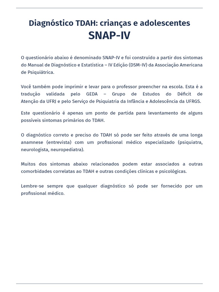 Questionário SNAP-IV para TDAH Infantil | PDF | Transtorno de déficit ...