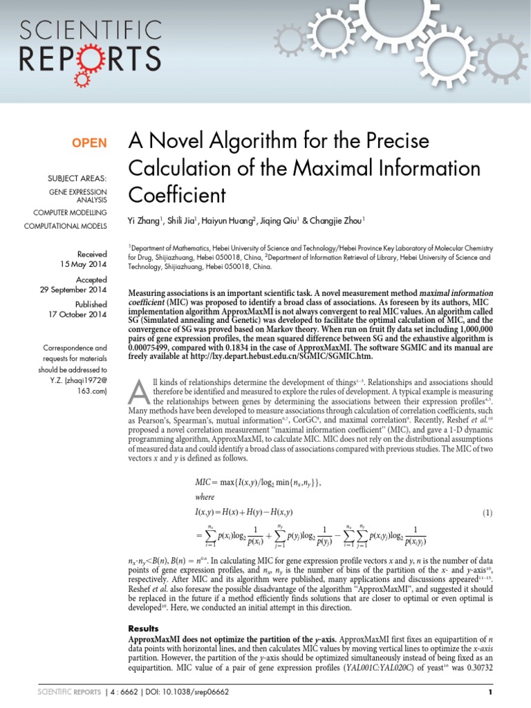 A Novel Algorithm For The Precise Calculation Of The Maximal Information Coefficient Pdf