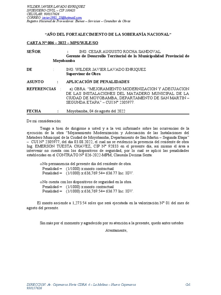 Carta #006-2022-Wjle-So - Penalidad | PDF | Ingeniería