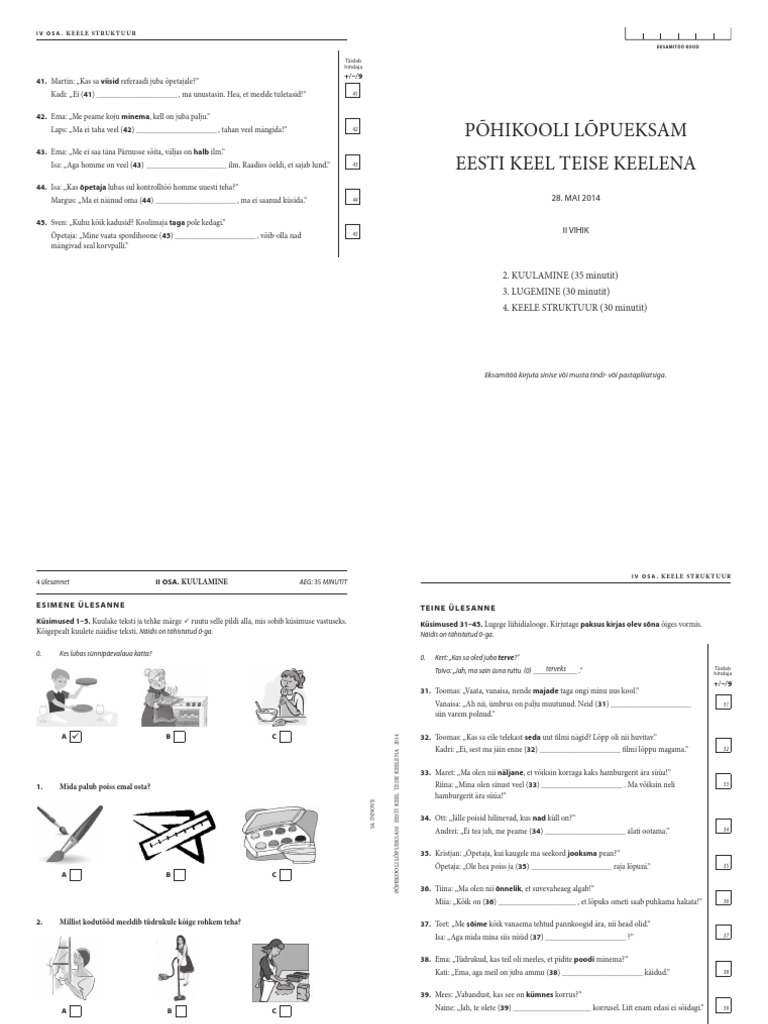 Eksamitöö II Vihik (PE Eesti Keel Teise Keelena 2014) | PDF