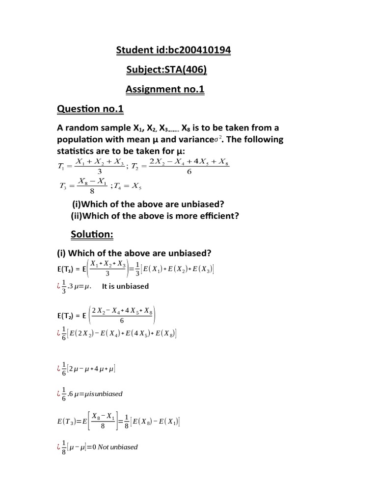 Student Id:bc 200410194 Subject:STA (406) Assignment No.1 Question No.1 | PDF | Statistics ...