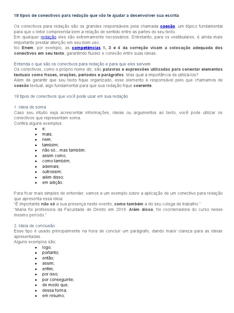 18 Tipos De Conectivos Para Redação E Suas Funções Na Coesão Textual Pdf