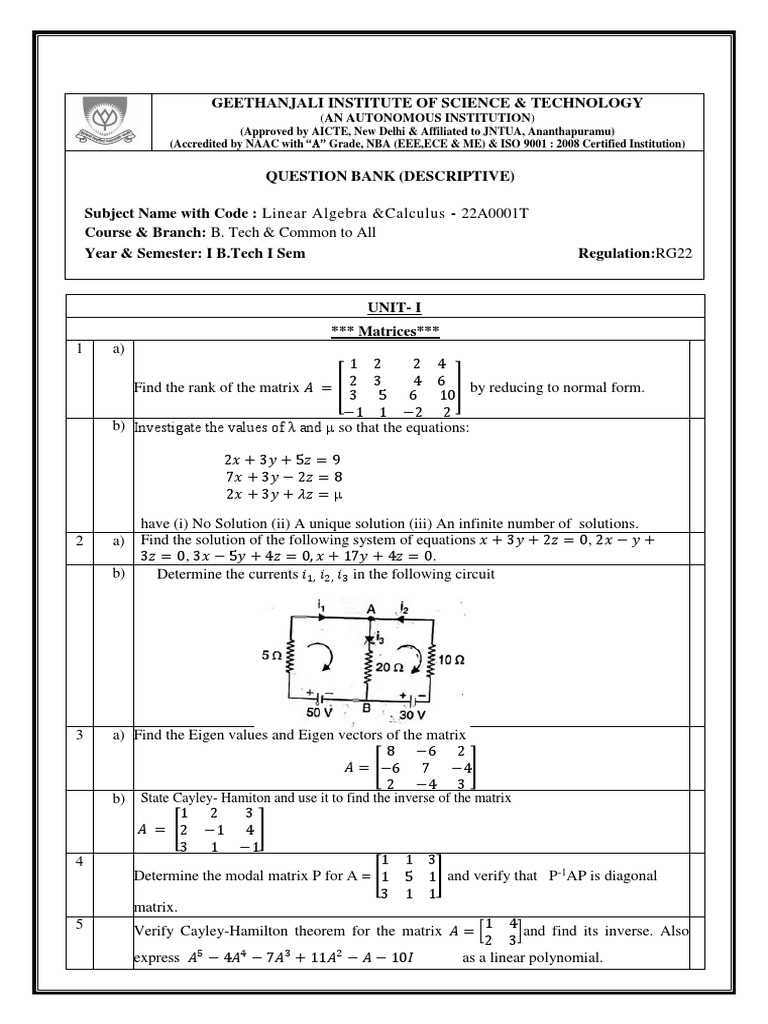 LA&C Question Bank. | PDF | Matrix (Mathematics) | Eigenvalues And ...