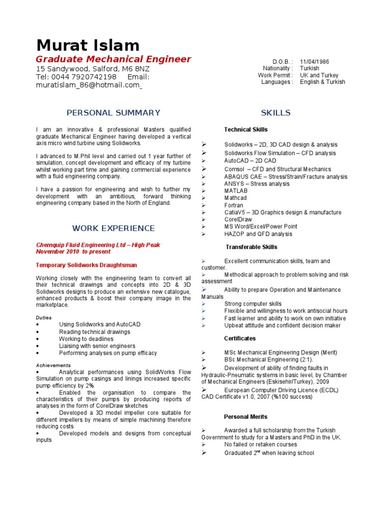 CV - Graduate Mechanical Engineer - Murat Islam | PDF | Engineering Design Process | Mechanical ...