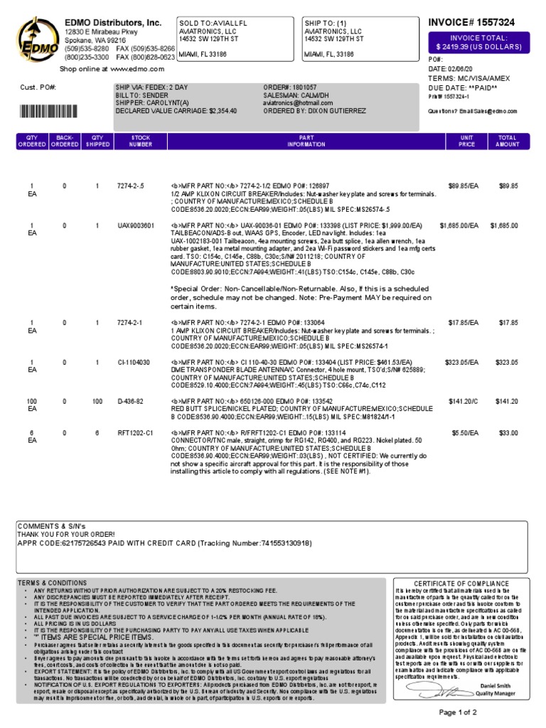 INVOICE# 1557324: QTY Ordered Back-Ordered QTY Shipped Stock Number ...