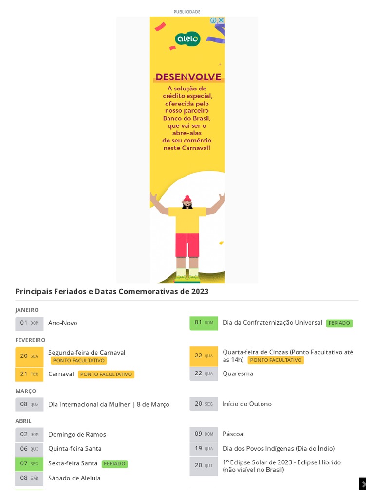 Feriados e Datas Comemorativas 2023 | PDF | Natal | Carnaval
