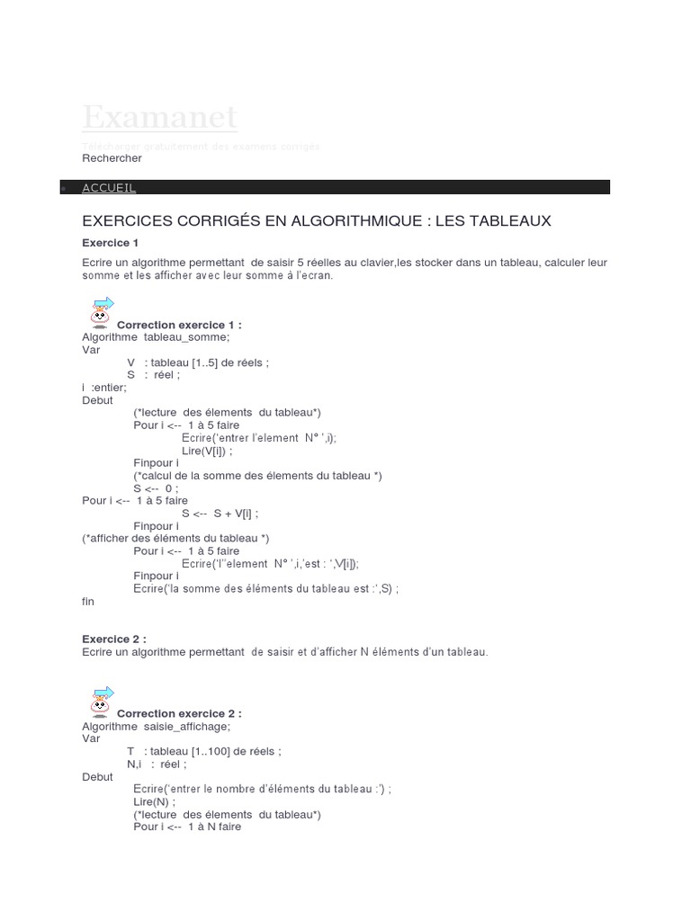 Exercices Corrigés sur les Tableaux | PDF | Mathématiques appliqués ...