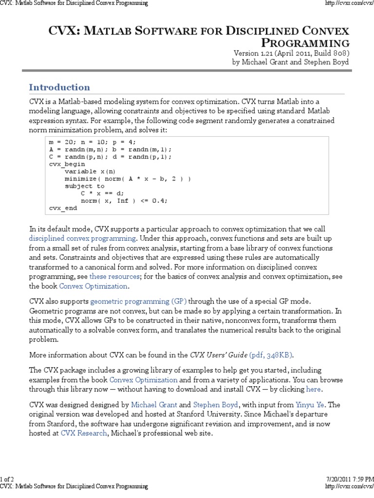 CVX - Matlab Software For Disciplined Convex Programming | PDF | Mathematical Optimization | Matlab