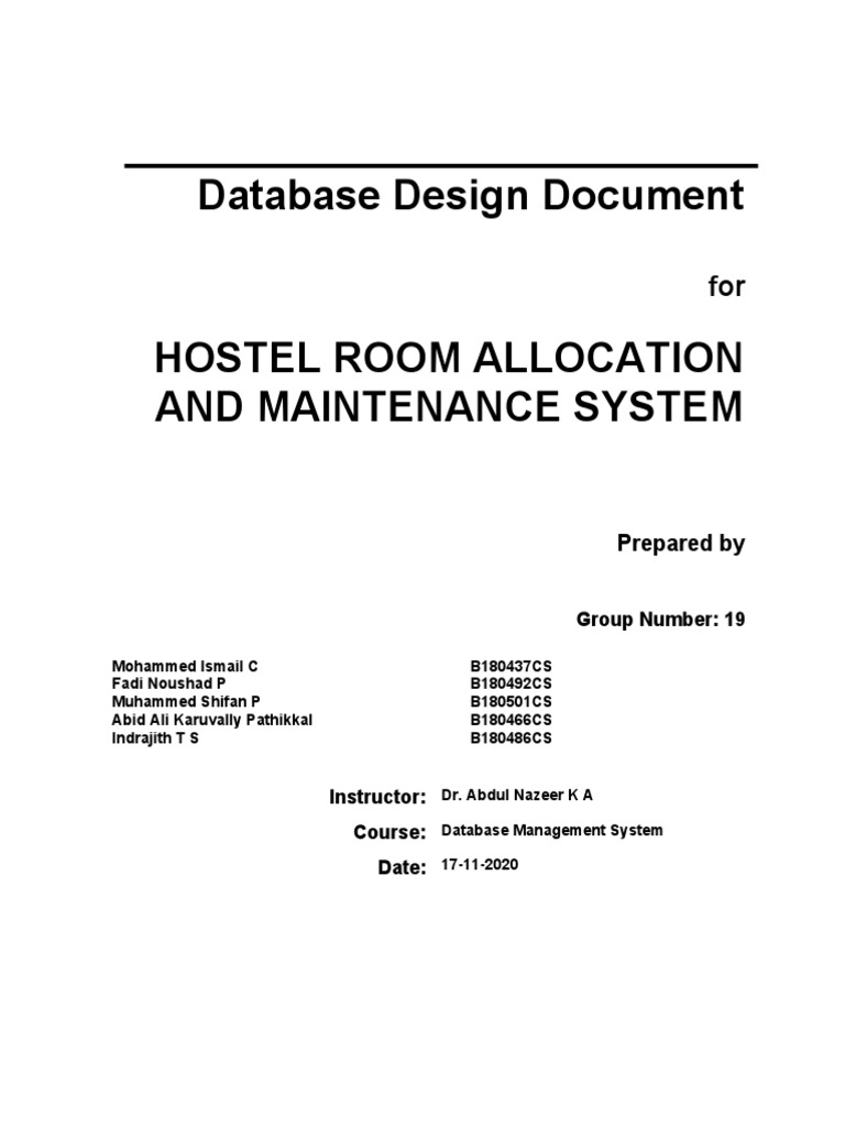 Database Design Document Hostel Room Allocation and Maintenance System | Download Free PDF ...
