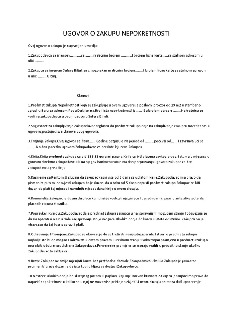 Ugovor o Zakupu Nepokretnosti | PDF