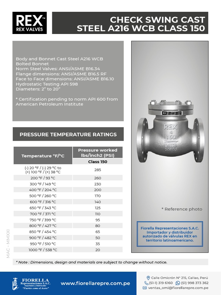 Check Swing Cast Steel A216 WCB Class 150: Pressure Temperature Ratings ...