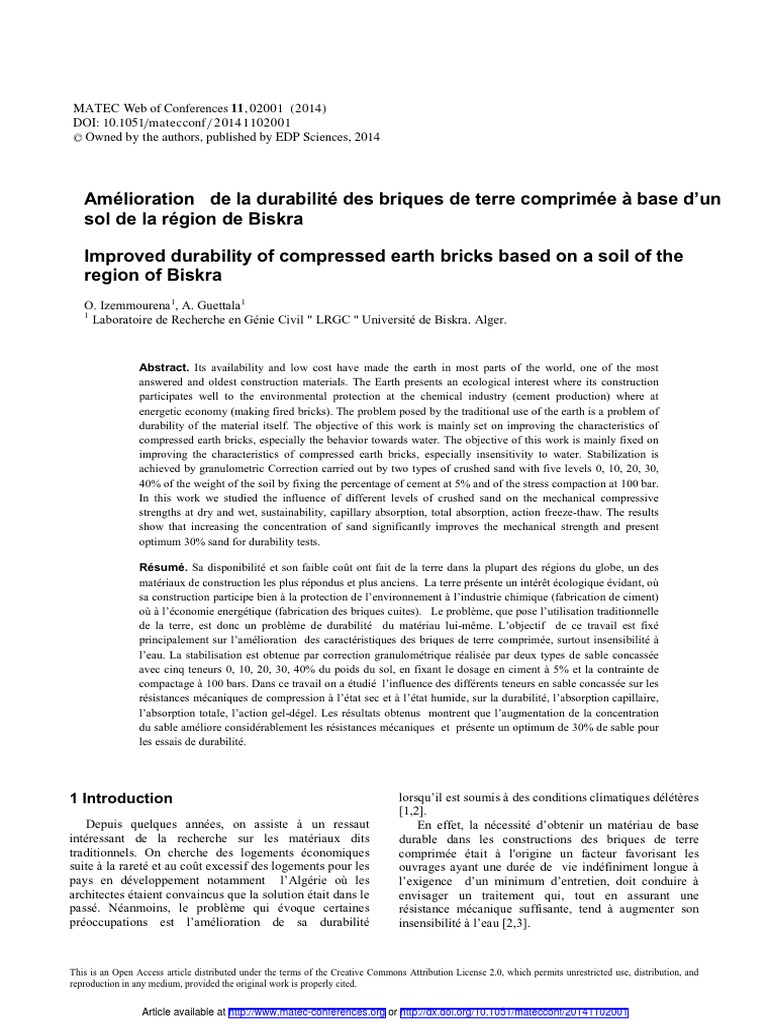 Improved Durability of Compressed Earth Bricks Based On A Soil of The ...