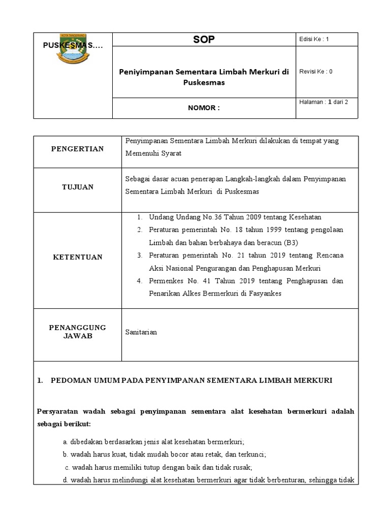 Contoh Sop Penyimpanan Merkuri | PDF