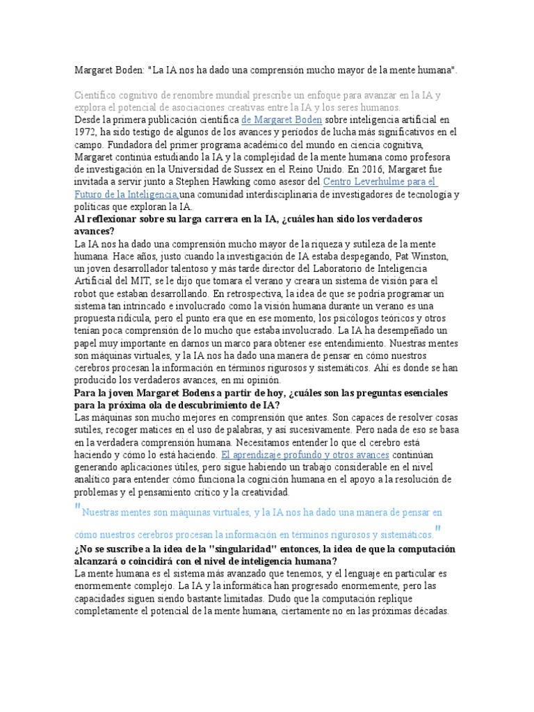 Margaret Boden - La IA Nos Ha Dado Una Comprensión Mucho Mayor de La ...