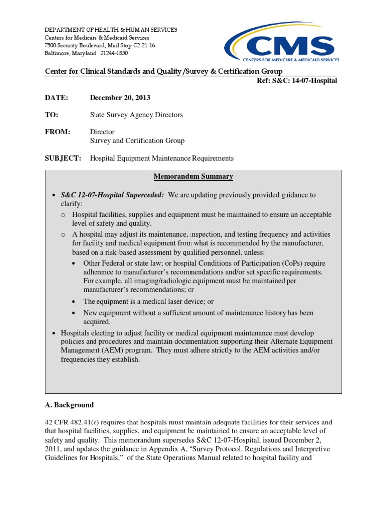 SC14-07 01-02 Hospital Preventive Maintenance Memo-Attach | PDF ...