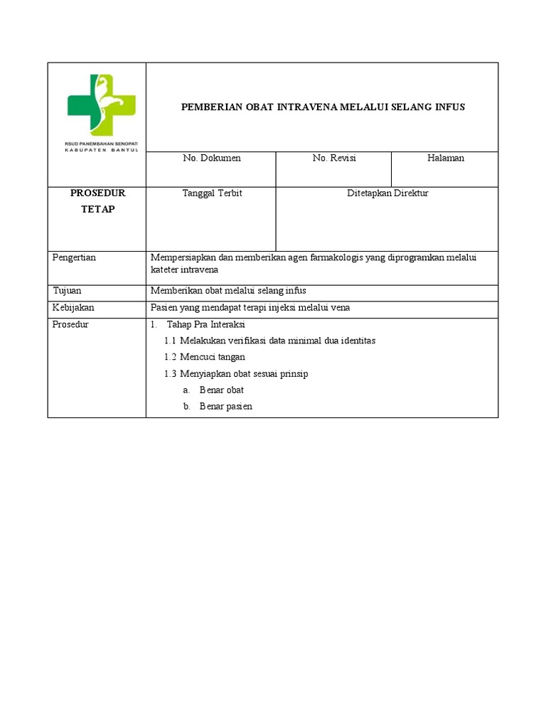 Sop Pemberian Obat Intravena Melalui Selang Infus | PDF