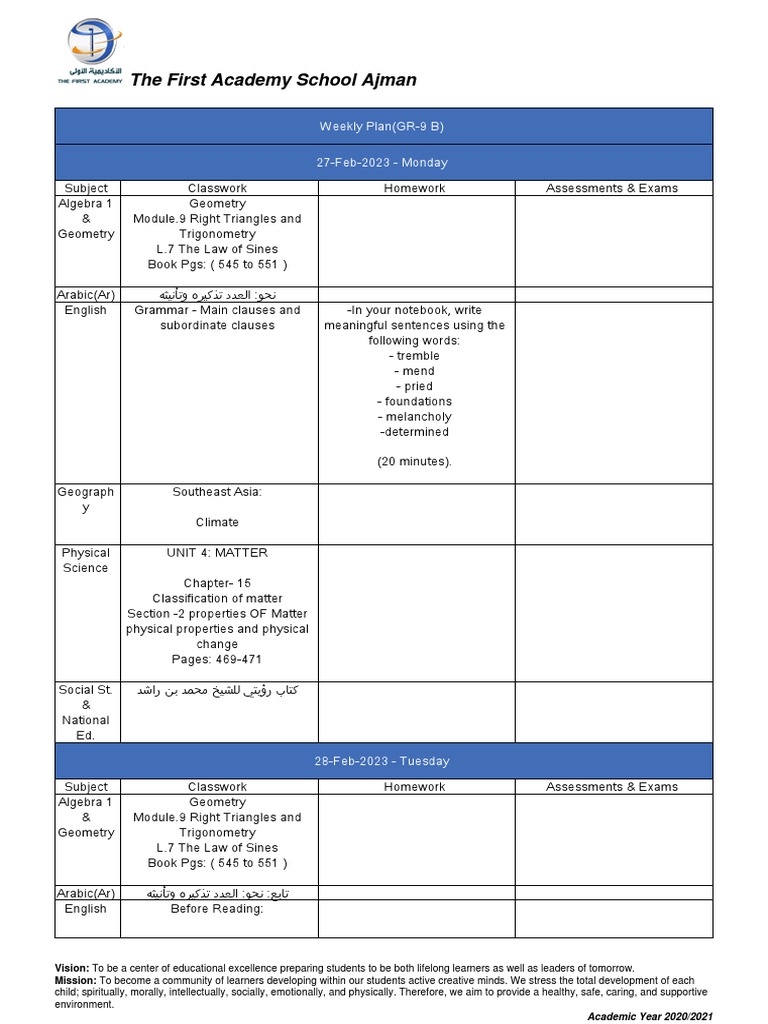 The First Academy School Ajman: Weekly Plan (GR-9 B) 27-Feb-2023 ...