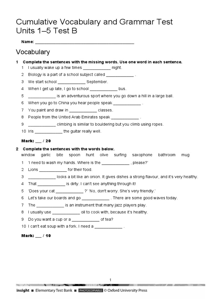 Cumulative Vocabulary + Grammar Test Units 1-5 B | PDF