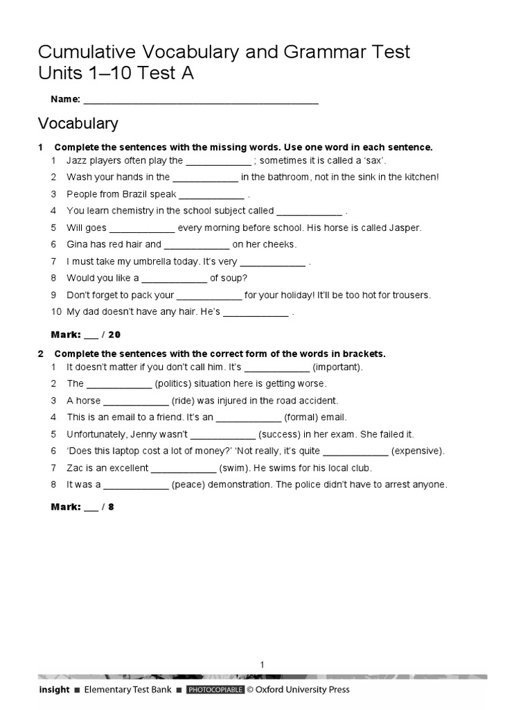 Cumulative Vocabulary + Grammar Test Units 1-10 A | PDF | Linguistics
